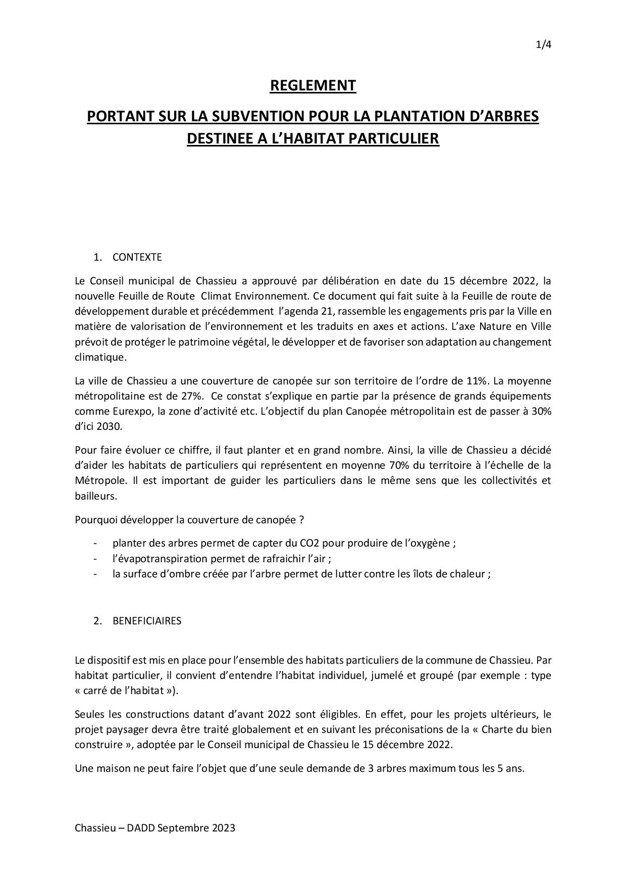 Délibération - Règlement pour subvention liée à la plantation d'arbre par les particuliers ...